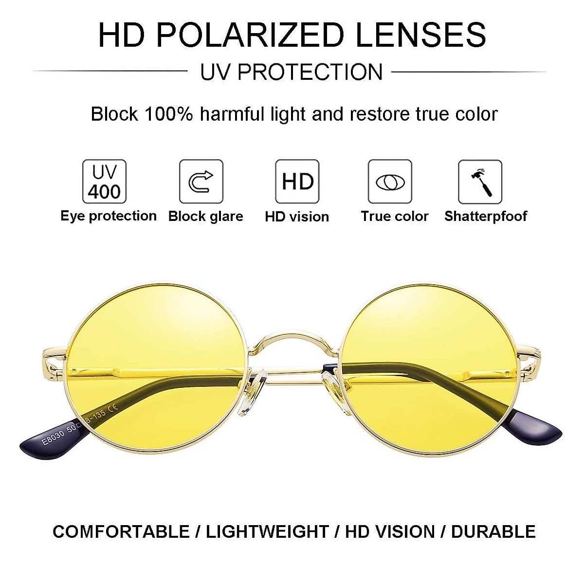 Gleyemor Polarized Round Sunglasses for Men Women Hippie Small Circle Glasses Red Yellow Lenses (Gold/Clear Yellow)