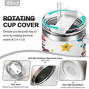 FOCIUZTA 40oz Playful Mario Kart Pattern Tumbler with Lid, Travel Coffee Cup, Ideal for Easter, Gaming Enthusiast, Mother Day, and Birthday Gifts