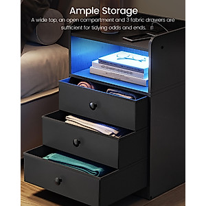CHOEZON Nightstand with Charging Station and LED Light, Side Table with 3 Fabric Drawers Chest, End Table with USB Ports and Outlet, Bedside Table for Living Room, Bedroom, Black MBZ04UDBB