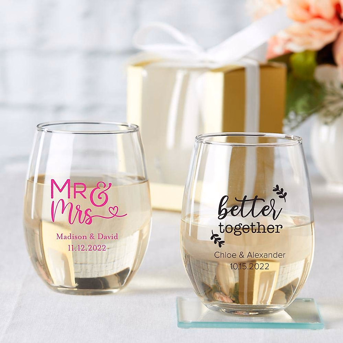 Kate Aspen 9 oz. Personalized Stemless Wine Glass - 36pcs/Silver - Custom Wedding Favors and Bridal Shower Party Favors with Customized Designs Text Lines