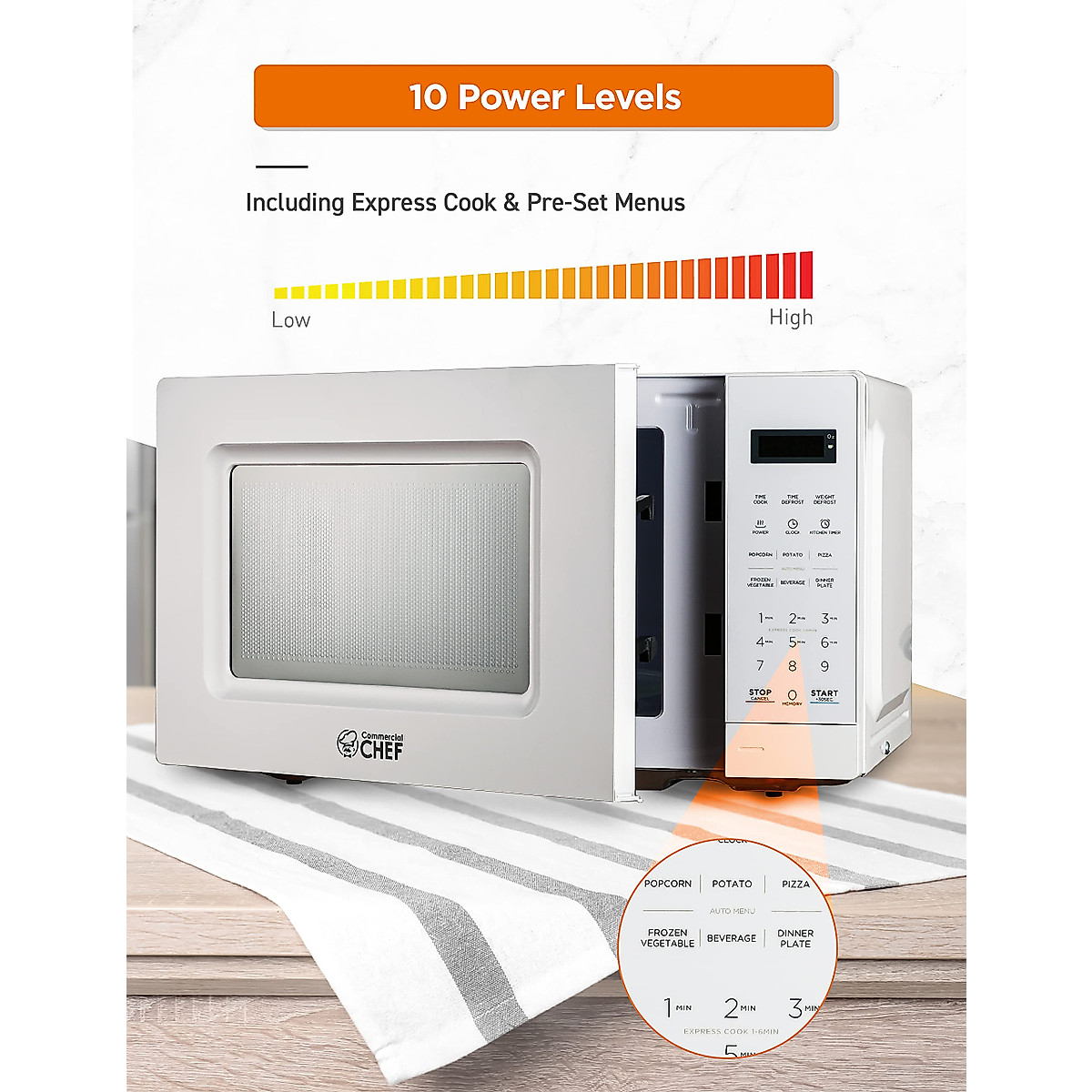 COMMERCIAL CHEF 0.7 Cu Ft Microwave with 10 Power Levels, 700W Microwave with Digital Display, Countertop Microwave with Child Safety Door Lock, Programmable with Push Button, White
