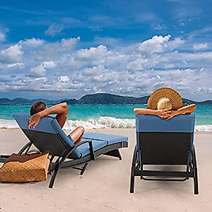 GYUTEI Patio Lounge Chair Rattan Chaise Lounge Chair with Adjustable Backrest Thickened Cushion,PE Rattan Steel Frame Outdoor Reclining Chaise for Patio Backyard Porch Garden Poolside(Light Blue)