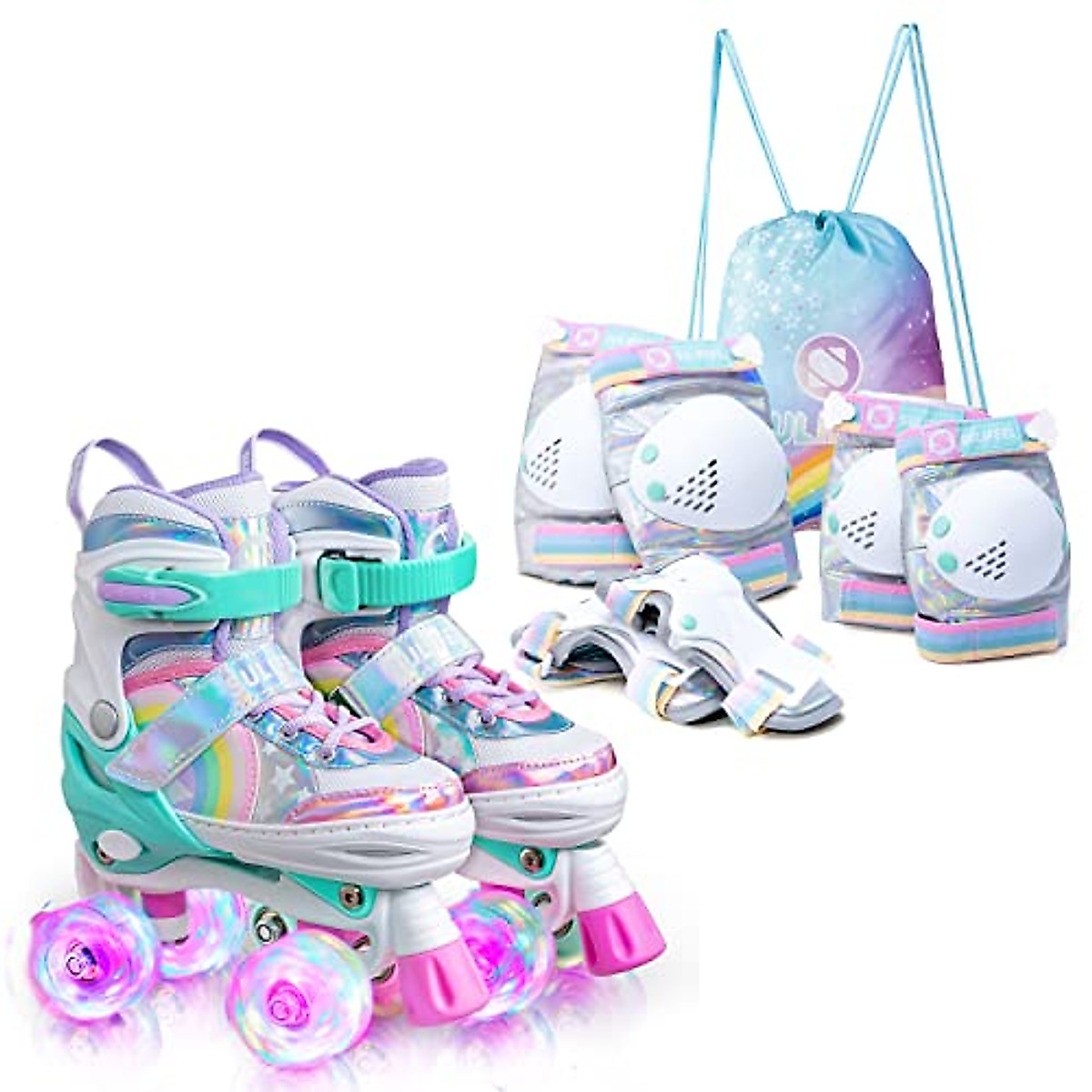 SULIFEEL Rainbow Unicorn Roller Skates for Kids with Adjustable Protective Gear Set Shiny Small