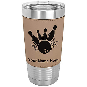 LaserGram 20oz Vacuum Insulated Tumbler Mug, Bowling Ball and Pins, Personalized Engraving Included (Faux Leather, Light Brown)