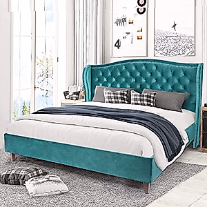 QHITTY Queen Size Bed Frame, Modern Velvet Button Tufted Upholstered Platform Bed with Nailhead Trim Headboard, Wood Slat Support, Easy Assembly, No Box Spring Needed