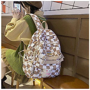 Lokkcy Cute Kawaii Backpack for Teen Girls with Doll,Fashion Plaid Backpack for School checkerboard backpack. (Khaki)