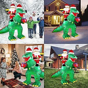 LEITAO 7FT Inflatable LED Santa Dinosaur Christmas Decoration - Giant Holiday Blow Up Decor for Indoor & Outdoor
