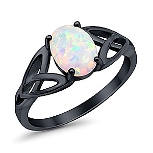 Solitaire Celtic Shank Engagement Ring Oval Created White Opal Black Tone 925 Sterling Silver, Size - 8
