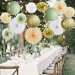 Sage Green Party Decorations Baby Shower Sage Green and Gold Party Decorations White Fans Tissue Paper Pom Poms Sage Birthday Wedding Engagement Bridal Shower Bachelorette Party Decorations