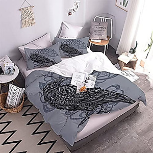 Quilt Cover Full Size Odin, Crow 3D Bedding Sets Viking, Nordic Duvet Cover Breathable Hypoallergenic Stain Wrinkle Resistant Microfiber with Zipper Closure,beding Set with 2 Pillowcase