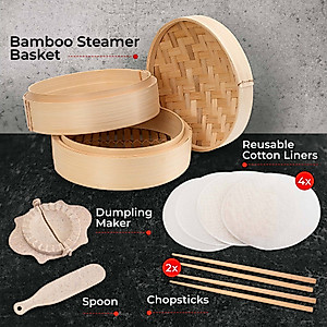 Annie’s Kitchen Complete Set Handmade Bamboo Steamer Baskets, Lid Dumpling Maker with Spoon, 4 Reusable Cotton Liners, 2 sets Chopsticks- For Rice, Vegetables, Fish, Meat, Desserts(10 Inch 2 Tiers)