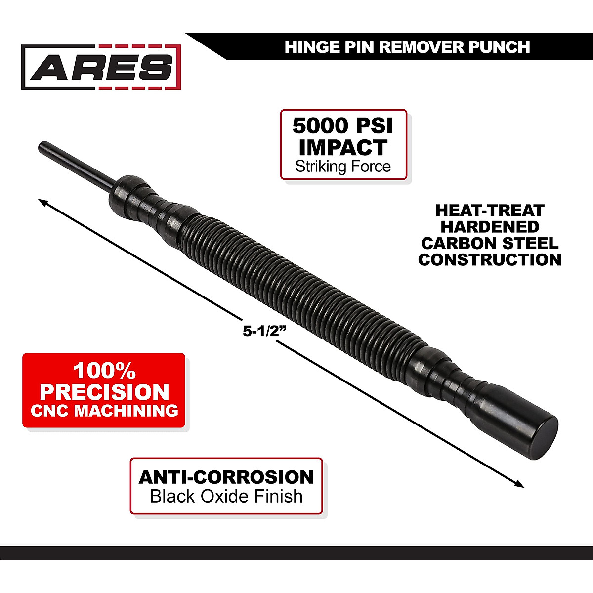 ARES 10062 - Hinge Pin Remover Punch - CNC-Precision Machined - Anti-Corrosion Black Phosphate Finish - 5000 PSI Striking Force