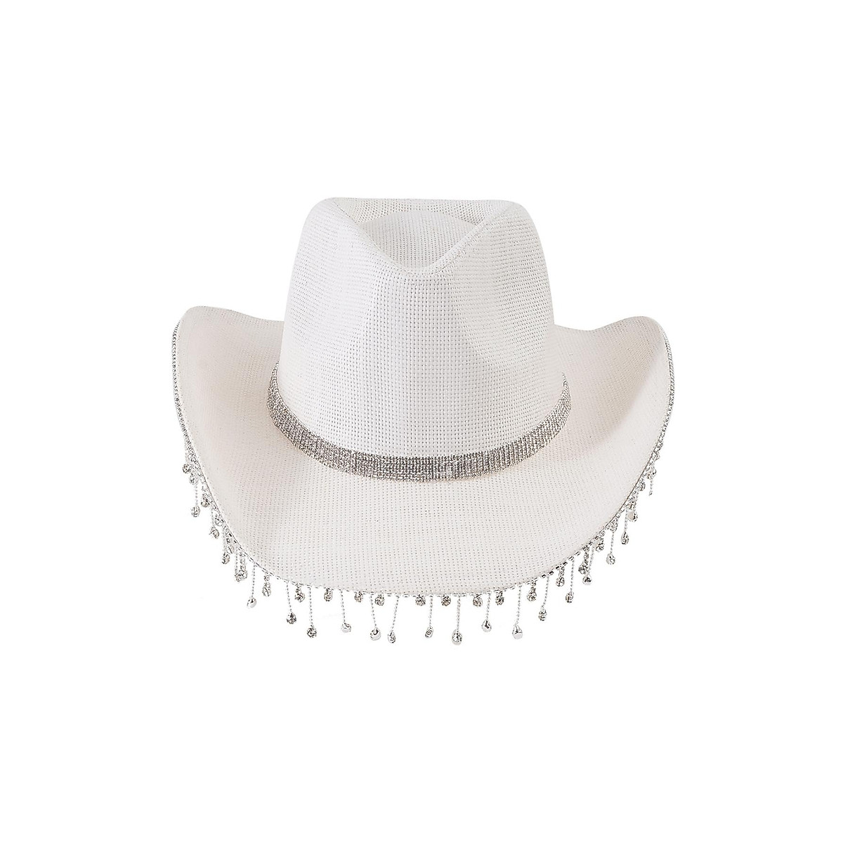 QWINEE Cowboy Hat with Rhinestone Tassel Decor Halloween Cow Fedora Hat Western Cowboy Hat Costume Accessories for Women Men White one-Size
