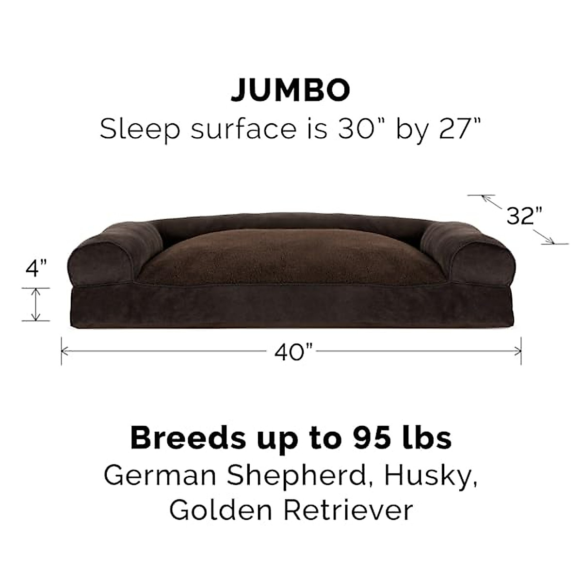 Furhaven Pillow Dog Bed for Large Dogs w/ Removable Bolsters & Washable Cover - Sherpa & Chenille Sofa - Coffee, Jumbo/XL