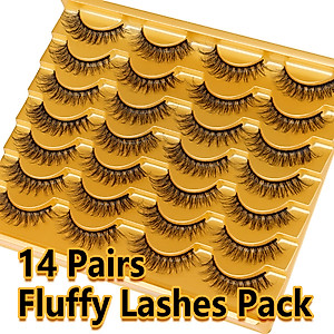 False Eyelashes Natural Look 12mm Fluffy Lashes Wispy Faux Mink Eyelashes 3D Volume Cat Eye Lashes Pack by Zegaine 14 Pairs