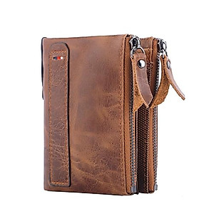 Genuine Leather Elegant Wallet, Unisex,Double exterior zipper coins,internal zip,1 x 4 x 4.7 inches,Slots for identification and several cards,closing and opening button,Elegant black gift box (Brown)