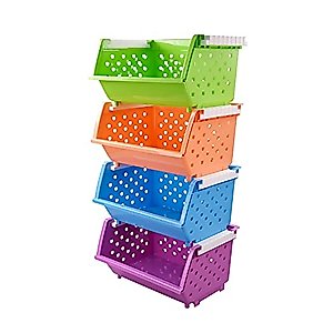 Pekky 4-Pack Large Stackable Storage Bins, Colored Plastic Stacking Basket