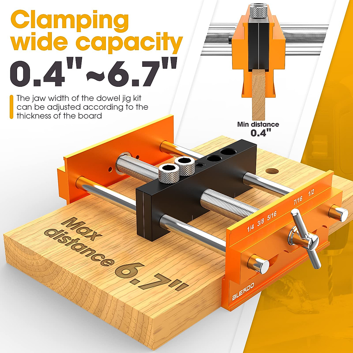 BLEKOO Upgraded 6.7 inch Self Centering Doweling Jig Kit, Drill Jig For Straight Holes Biscuit Joiner Set With 6 Drill Guide Bushings, Adjustable Width Drilling Guide Power Tool Accessory Jig (Orange)