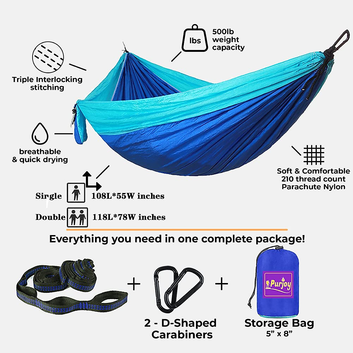 Purjoy Camping Hammock Single & Double Portable Hammocks with 2 Tree Straps (18 Loops/13.2 Ft Total),Lightweight Nylon Parachute Hammocks for Travel,Beach,Backyard,Patio,Hiking(LightBlue/DarkBlue1)