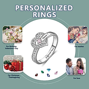 Personalized Birthstone Rings Silver Heart Custom Engraved Name Ring Wedding Family Christmas Mother Days Birthday Anniversary Jewelry for Women Grandma Her Daughter (1 stone)