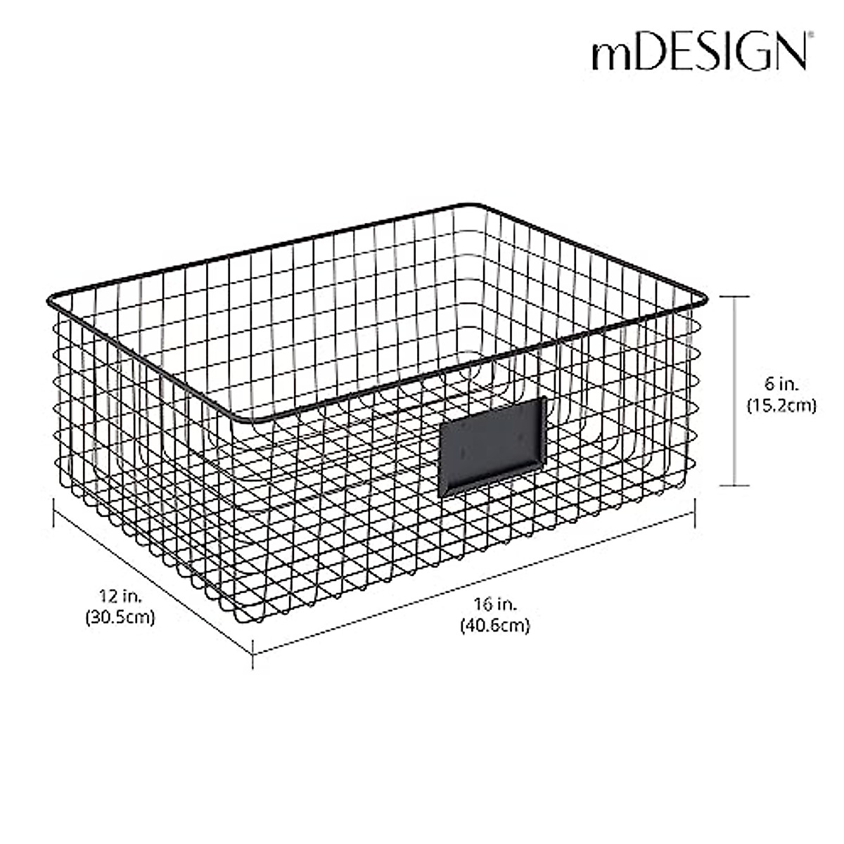 mDesign Wide Steel Wired Storage Organizer Bin Baskets with Label Slot for Kitchen Pantry, Cabinet, Organizing Holder for Food, Drinks, Snacks, Produce, Omaha Collection, 2 Pack, Matte Black