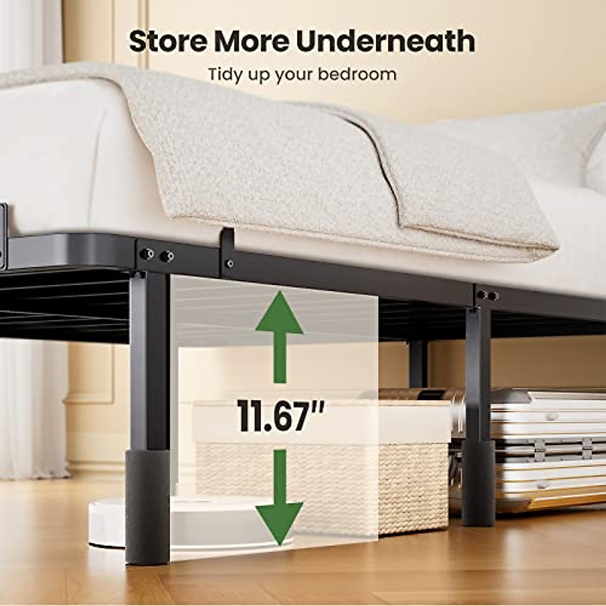 Marsail Queen Size Bed Frame, 14-Inch High Platform Bed with Steel Slat Support, Mattress Stoppers & Rounded Corners, Heavy-Duty Metal Platform, 1600 lbs Max Weight, No Box Spring Needed, MSBFQ02