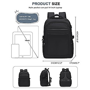 Travel Laptop Carry on Backpack for Women Men, Airline Flight Approved Waterproof 14 Inch Laptop Backpack, Casual Daypack College Personal item Bag Rucksack with USB Charging Port for Business, Black