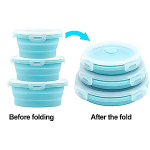 Collapsible Bowls, GLE2016 Silicone Collapsible Food Storage Containers with Lids for Camping, Round Silicone Lunch Containers, Microwave, Dishwasher and Freezer Safe (3, Blue)