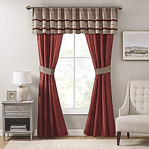 Madison Park Essentials Jelena Room in A Bag Faux Silk Comforter Classic Luxe All Season Down Alternative Bedding, Matching Bedskirt, Curtains, Decorative Pillows, Queen(90"x90"), Red 24 Piece