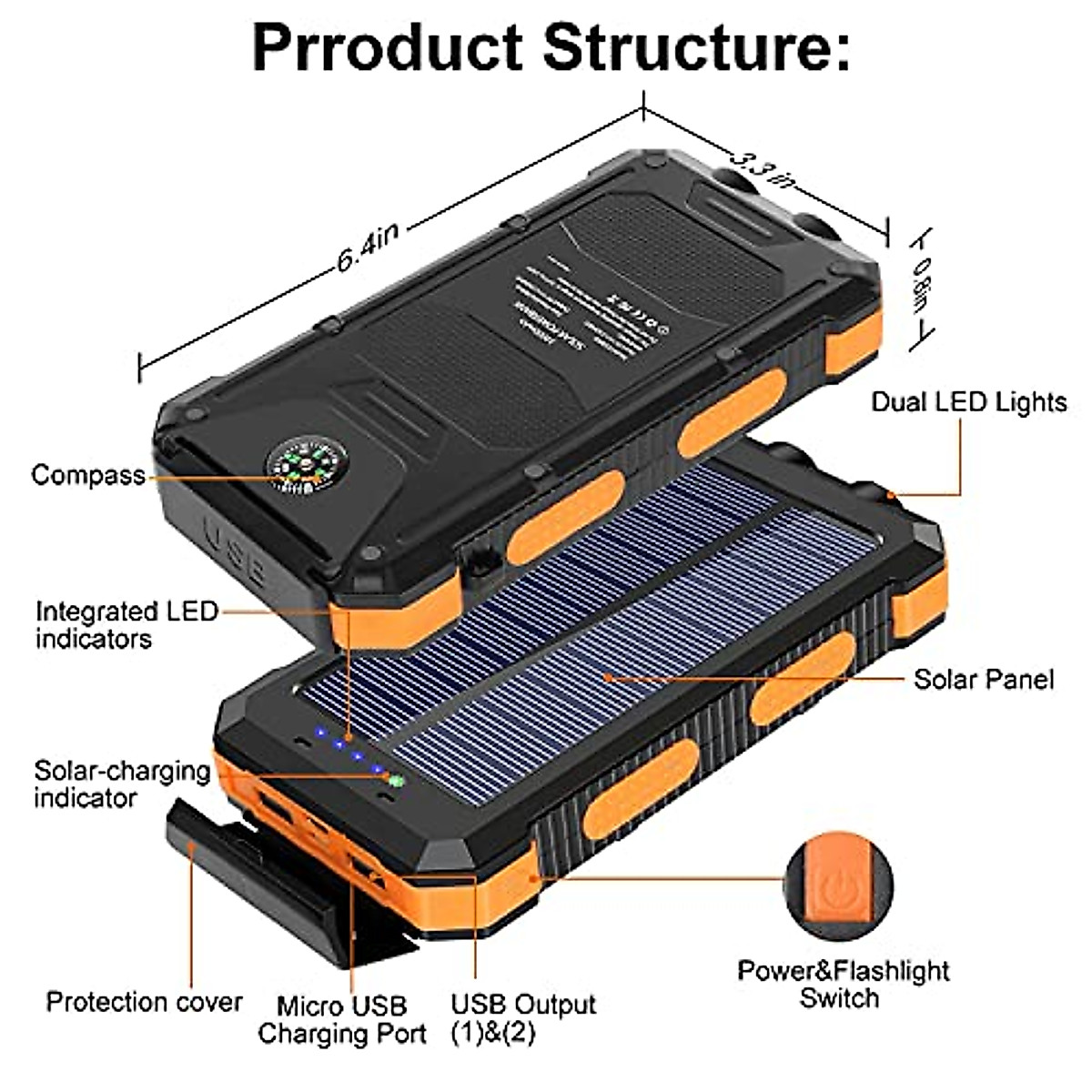 Solar Charger 30000mAh, Portable Solar Power Bank External USB Battery Pack with LED Flashlight, Waterproof Solar Phone Charger for Outdoor Camping Travel, Compatible with Cell Phones and Tablet