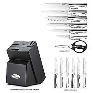 Marco Almond KYA28 Japanese High Carbon Stainless Steel Self Sharpening Knife Block Set + KYA59 Titanium Coated Stainless Steel Long Handle Spoons