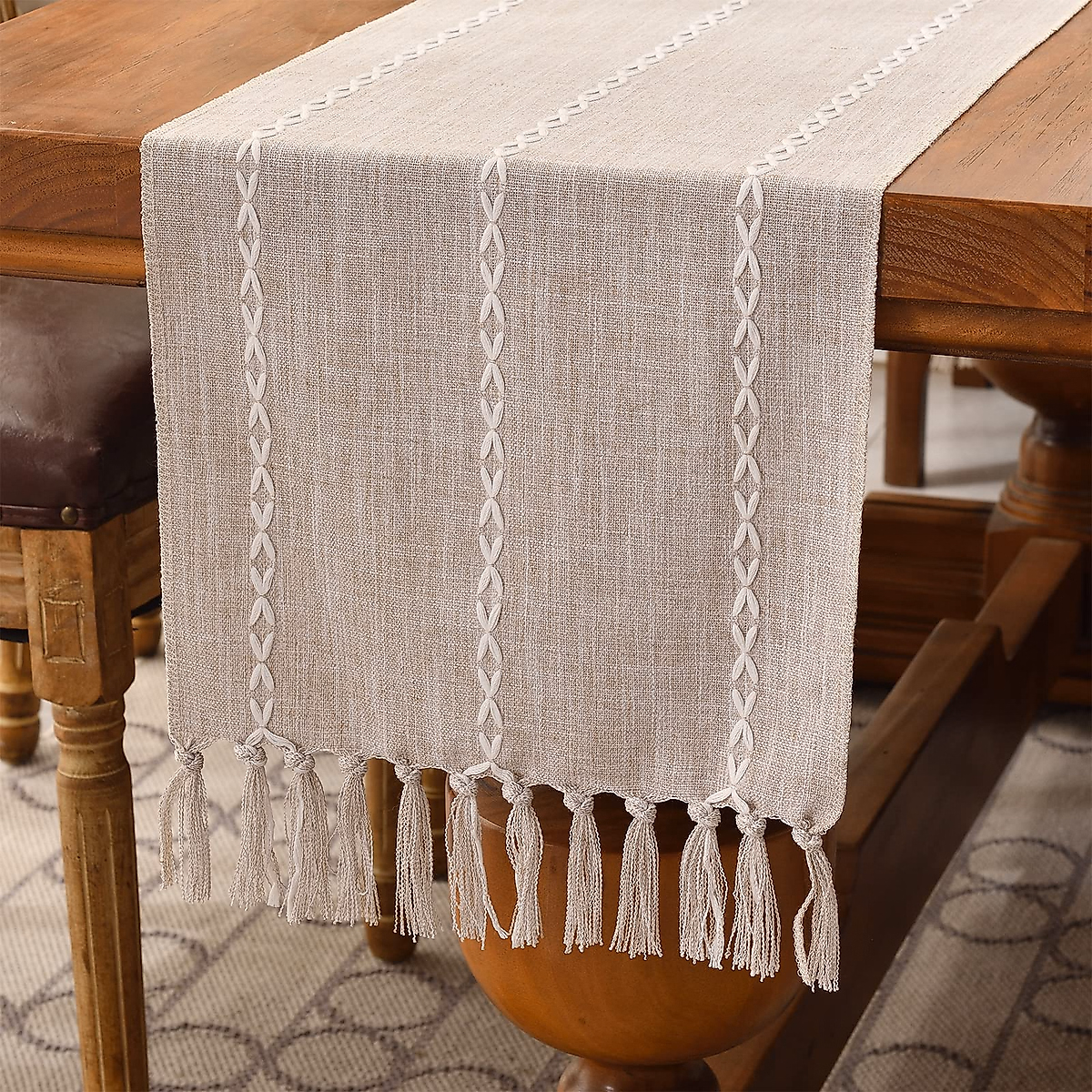 Wracra Rustic Linen Table Runner Farmhouse Style Table Runners 72 inches Long Embroidered Fall Table Runner with Hand-Tassels for Party, Dresser and Dining Room Decorations(Light Coffee, 13"×72")