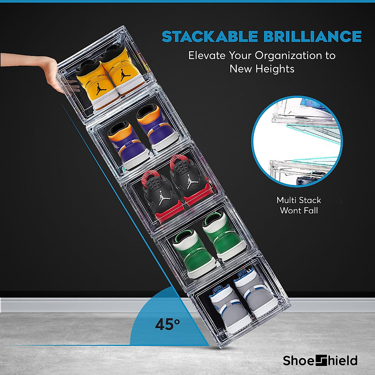 ShoeShield Ultra All Clear Shoe Boxes Plastic Stackable Professional Grade Shoe Display Case with Magnetic Front Drop Door Open Easy Assembly Modern Shoe Sneaker Display Case Fits US Size 14