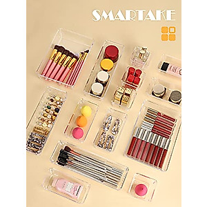 SMARTAKE 16-Piece Drawer Organizers, 4 Sizes Desk Dividers with Non-Slip Pads, Plastic Dresser Storage Tray Sets, Cosmetic Makeup Jewelries Trays, for Kitchen, Office, Home, Bathroom (Clear)