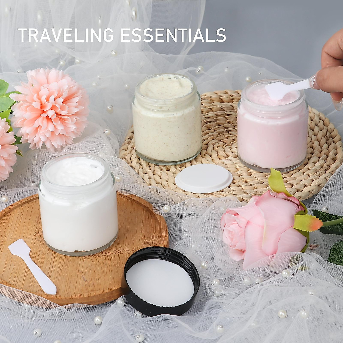 24 Pack 4 oz Glass Jars with lids, Clear Cosmetic Jars with Inner Liners and Black Lids, Lotion Jars, Candle Making Jars for Lotions, Scrubs and Cosmetic, Lables and Spatulas Include