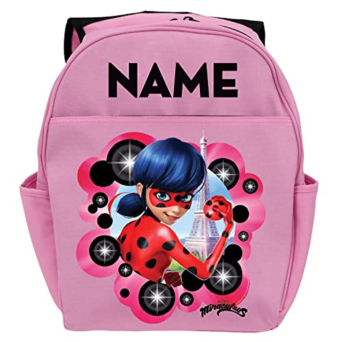 Miraculous Ladybug Personalized Backpack with Custom Name Printed on Pink Book Bag | Zippered Compartments and Side Water Bottle Pockets | Youth Size School Bag