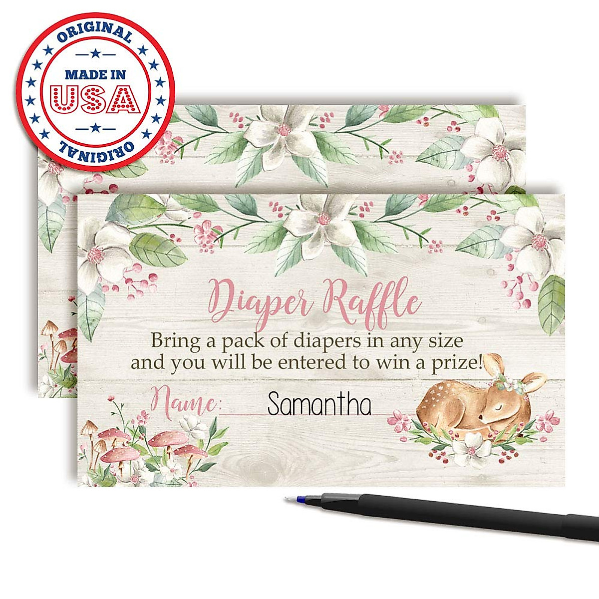 Little Deer Woodland Themed Diaper Raffle Tickets for Girl Baby Showers, 20 2" X 3” Double Sided Insert Cards for Games by AmandaCreation, Bring a Pack of Diapers to Win Favors & Prizes!