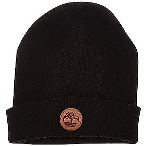 Timberland Men's Cuffed Beanie with Leather Logo Patch, Black, One Size