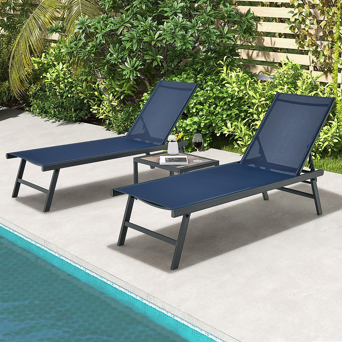 Tangkula 3 Piece Patio Chaise Lounge Set, Aluminum Patio Recliner with Coffee Table, 6-Level Backrest Adjustment, Outdoor Lounge Chair & Side Table Set for Poolside, Backyard (Navy Blue)