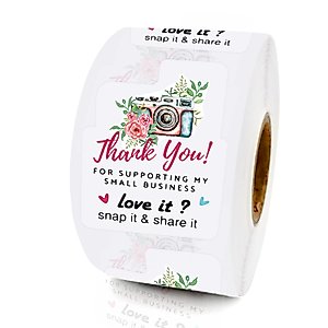 WHING Thank You for Supporting My Small Business Cute Retro Camera Design Flower Stickers Labels, Order Packages Envelope Seals Decorative Label Ideal for Business Gift Bags and Retailers, 500pcs
