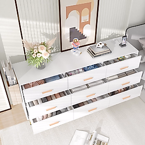 jiteentarou 9 Drawer Dresser for Bedroom, 63” Long Dresser with Charging Station, Modern Chest of Wide Drawers with Gold Handles & Storage Pocket, Wood Dresser for Kids Bedroom, Hallway, White