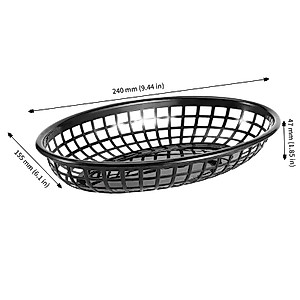 JAPCHET 60 Pack 9.4 x 6.1 Inch Black Fast Food Baskets, Oval Plastic Fast Food Serving Basket, Restaurant Serving Baskets for Burgers, Deli, Sandwiches, Fries, Easy Clean