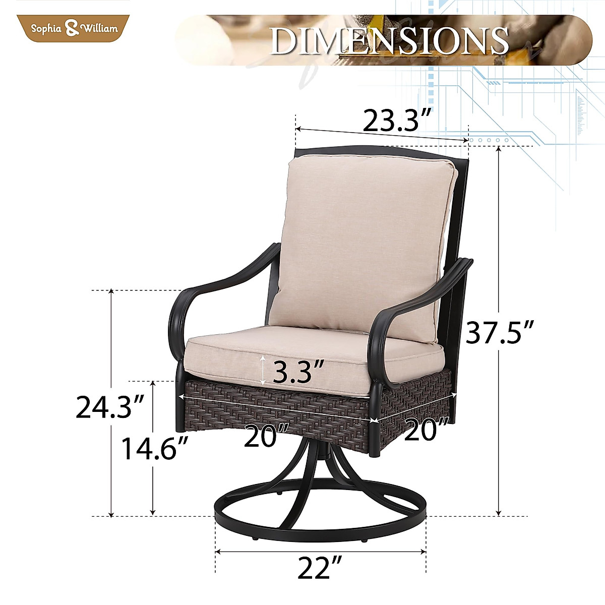 Sophia & William Patio Swivel Chairs Set of 2, Large & Padded Outdoor Dining Chairs with Heavy Duty Metal Frame Support 350LBS,Gentle Rocker Chair for Garden Porch Lawn, Beige