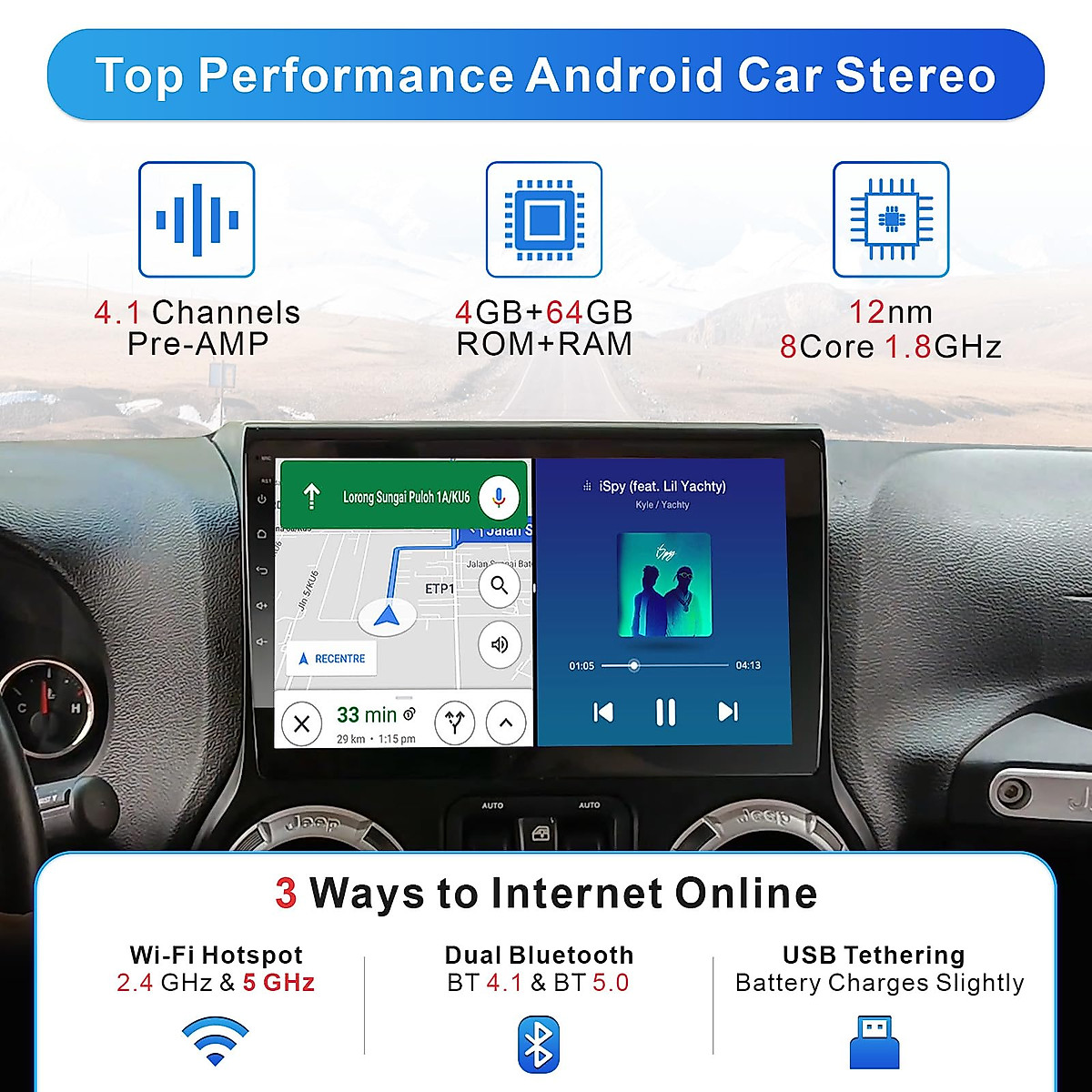 IYING 10 Inch Car Stereo Radio Wireless CarPlay Android Auto 4GB+64GB 8-Core 1280x720 Touch Screen Android 10 for Jeep Wrangler 2011-2014 AM/FM WiFi Bluetooth GPS Navigation in-Dash Car Multimedia