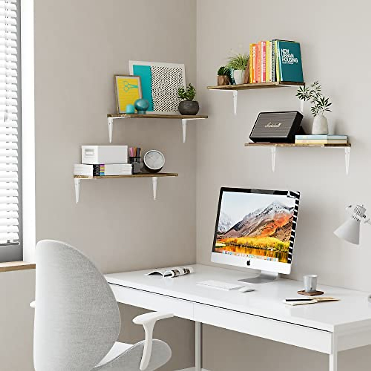 Wallniture Arras 24" Floating Shelves for Wall Storage, Wall Bookshelves Living Room Decor, Kitchen Organization, Office Decor, Wall Shelf Set of 4 White Bracket