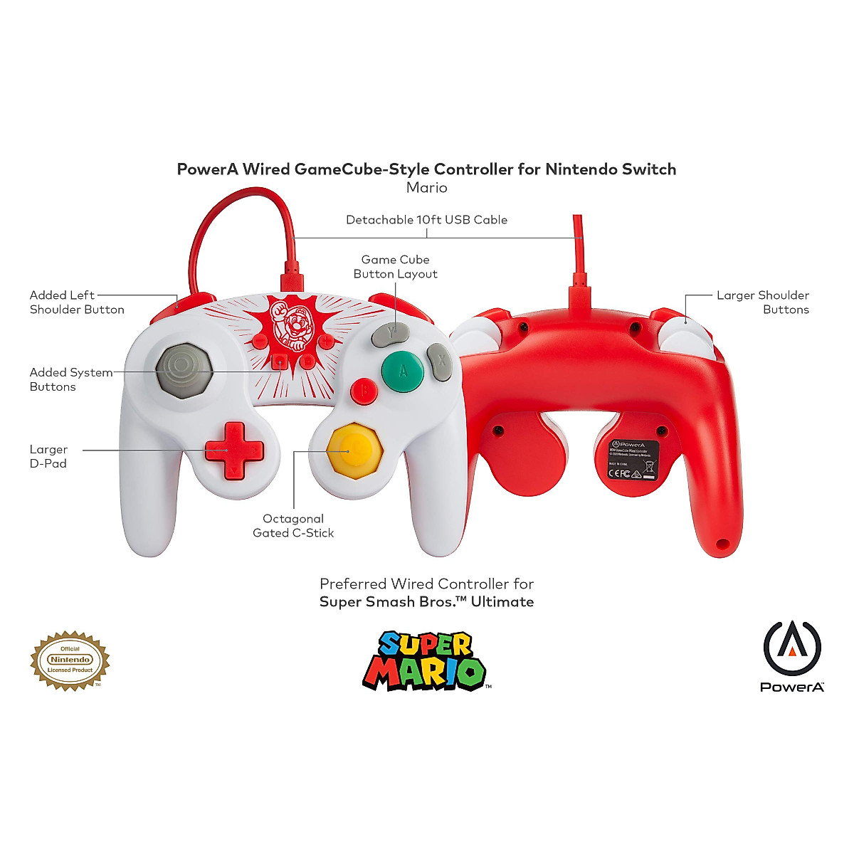 PowerA Wired GameCube Style Controller for Nintendo Switch - Mario, Gamepad, Wired Video Game Controller, Gaming Controller, GameCube Controller - Nintendo Switch