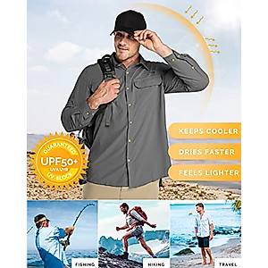 33,000ft Men's Long Sleeve Sun Protection Shirt UPF 50+ UV Quick Dry Cooling Fishing Shirts for Travel Safari Camping Hiking Grey