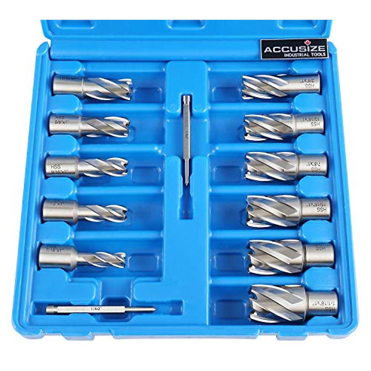Accusize Industrial Tools 13 Pc 7/16'' to 1-1/16'' Hss Annular Cutters, 1'' Cutting Depth, 3/4'' Weldon Shank, with 2 Pilot Pins, Strong Box, N10