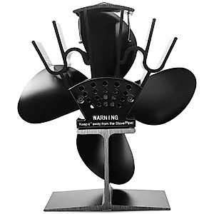 GALAFIRE 4-Blades Heat Powered Wood Stove Fan + Magnetic Thermometer, 122°F Start Non-Electric Eco Fireplace Fan for Gas/Pellet/Log/Wood Burning Stoves, Silent Operation, 2-Years, V466, Black