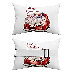 Happy Valentine's Day Red Truck Outdoor Pillows for Chaise Lounge Chair, Romantic Rose High Heels Waterproof Lumbar Head Support Pillow with Adjustable Elastic Band for Pool Patio Furniture Decorative